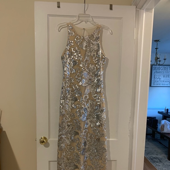 Badgley Mischka | Dresses | Nude And Silver Sequin Gown | Poshmark